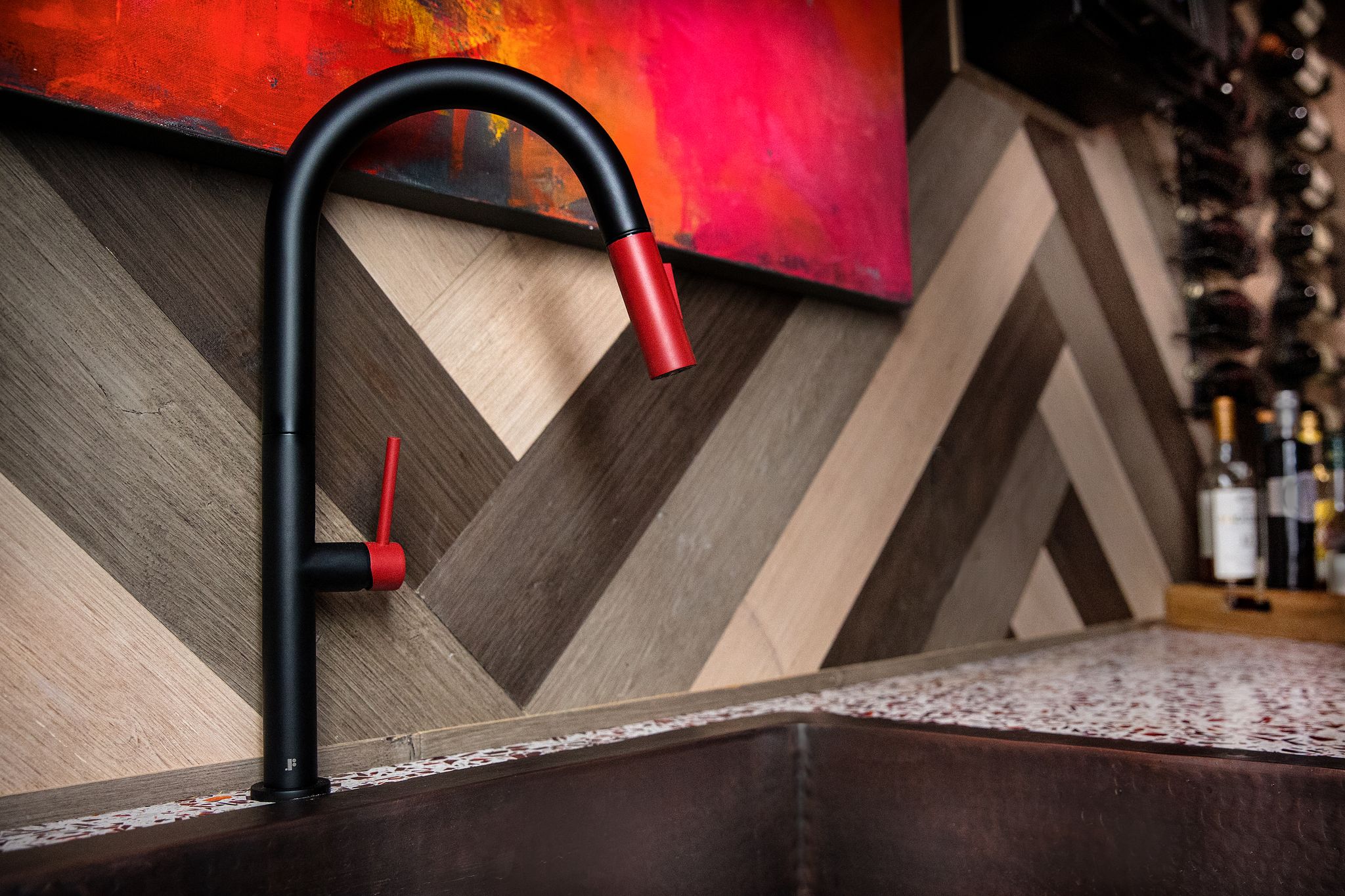 Vetrazzo's Ruby Red Countertops Inspire A Luxe Wine Room Design